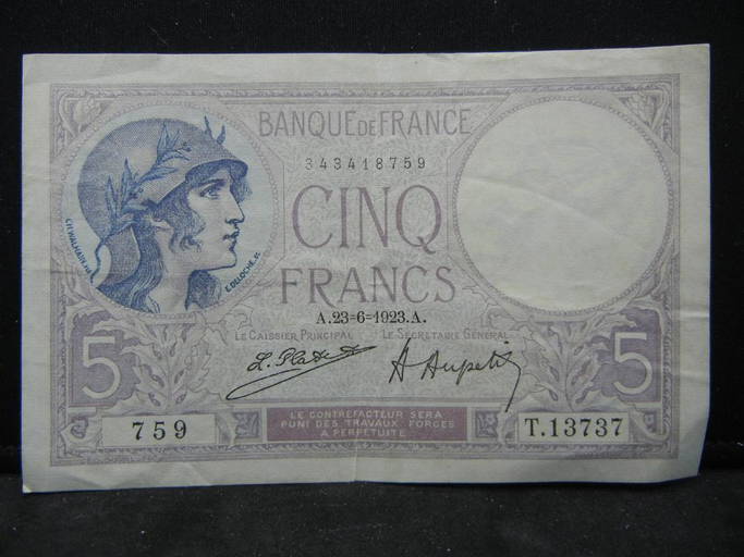 1923 France 5 Franc Note. Au58. Very Rare In This Nice
