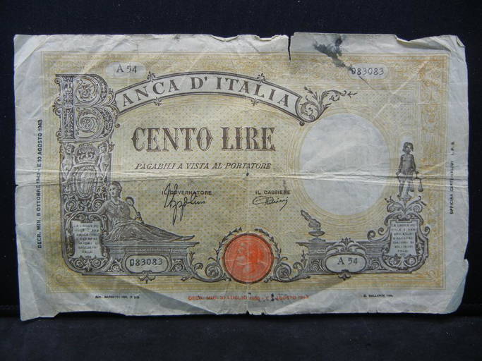 1942 Italy 100 Lira Bank Note.