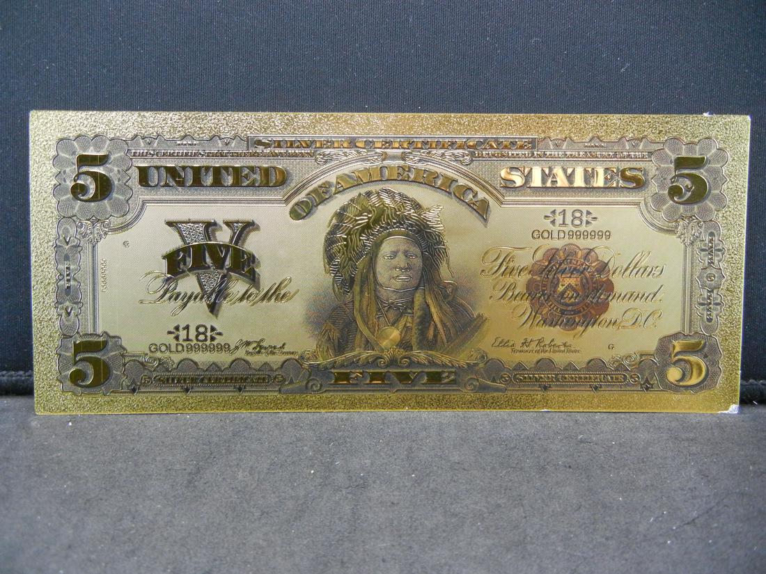 5 Dollar Indian Silver Certificate 24k Gold Foil Note