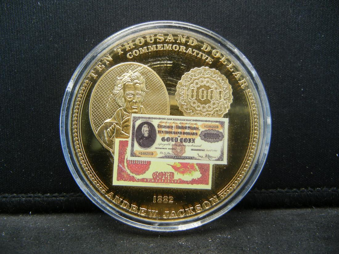Andrew Jackson $10,000 Gold Certificate On Large Metal