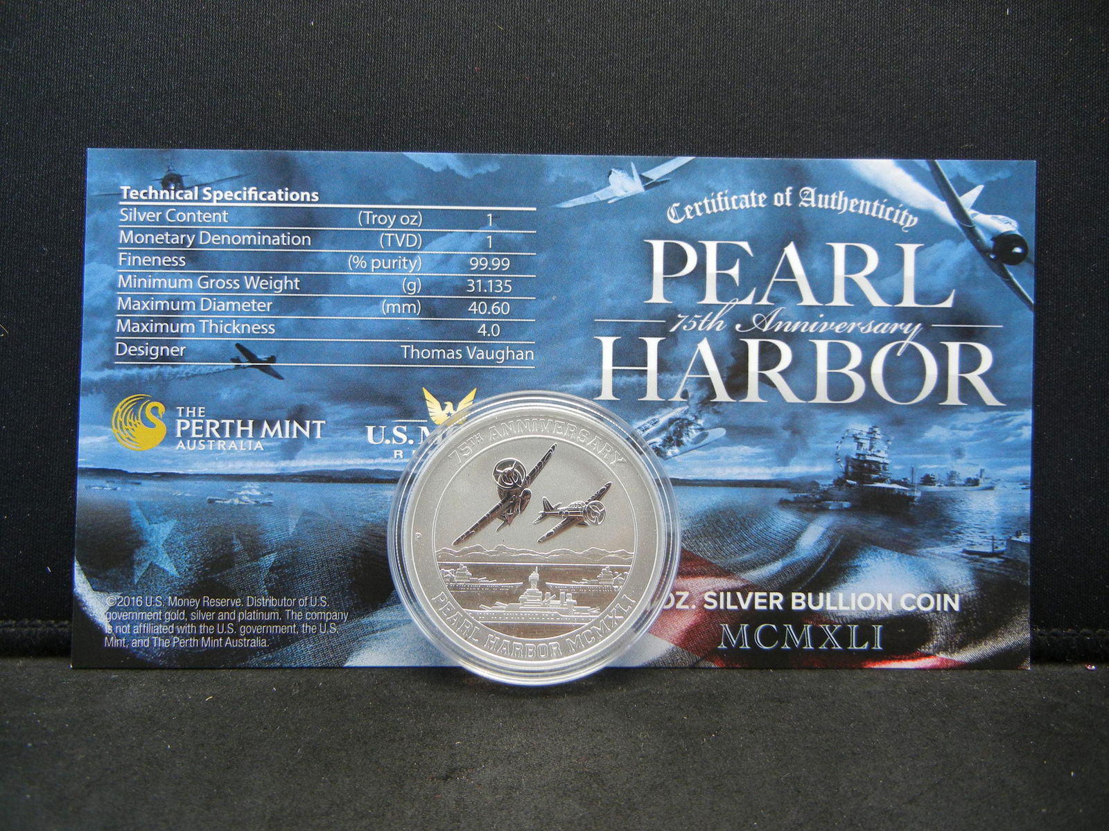 2016 Pearl Harbor 75th Anniversary Proof Coin 1 Oz