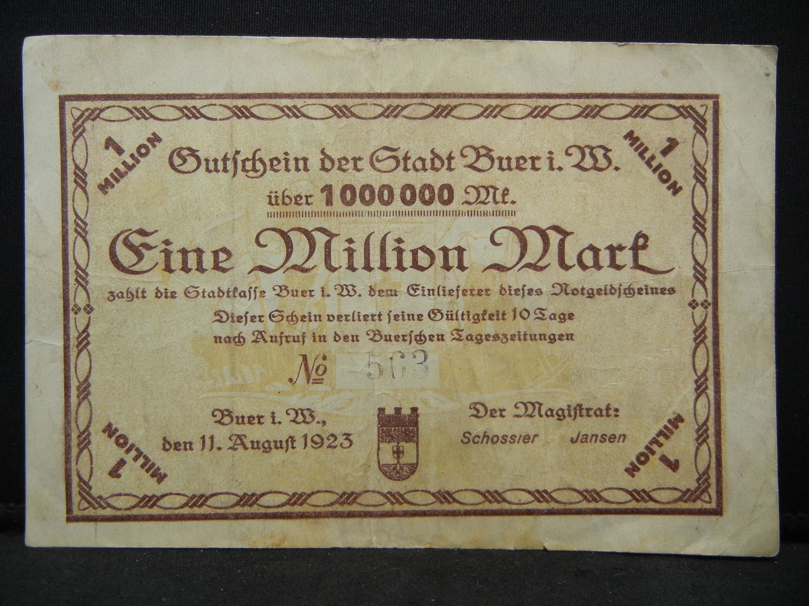 1923 Germany One Million Marks Bank Note. Serial