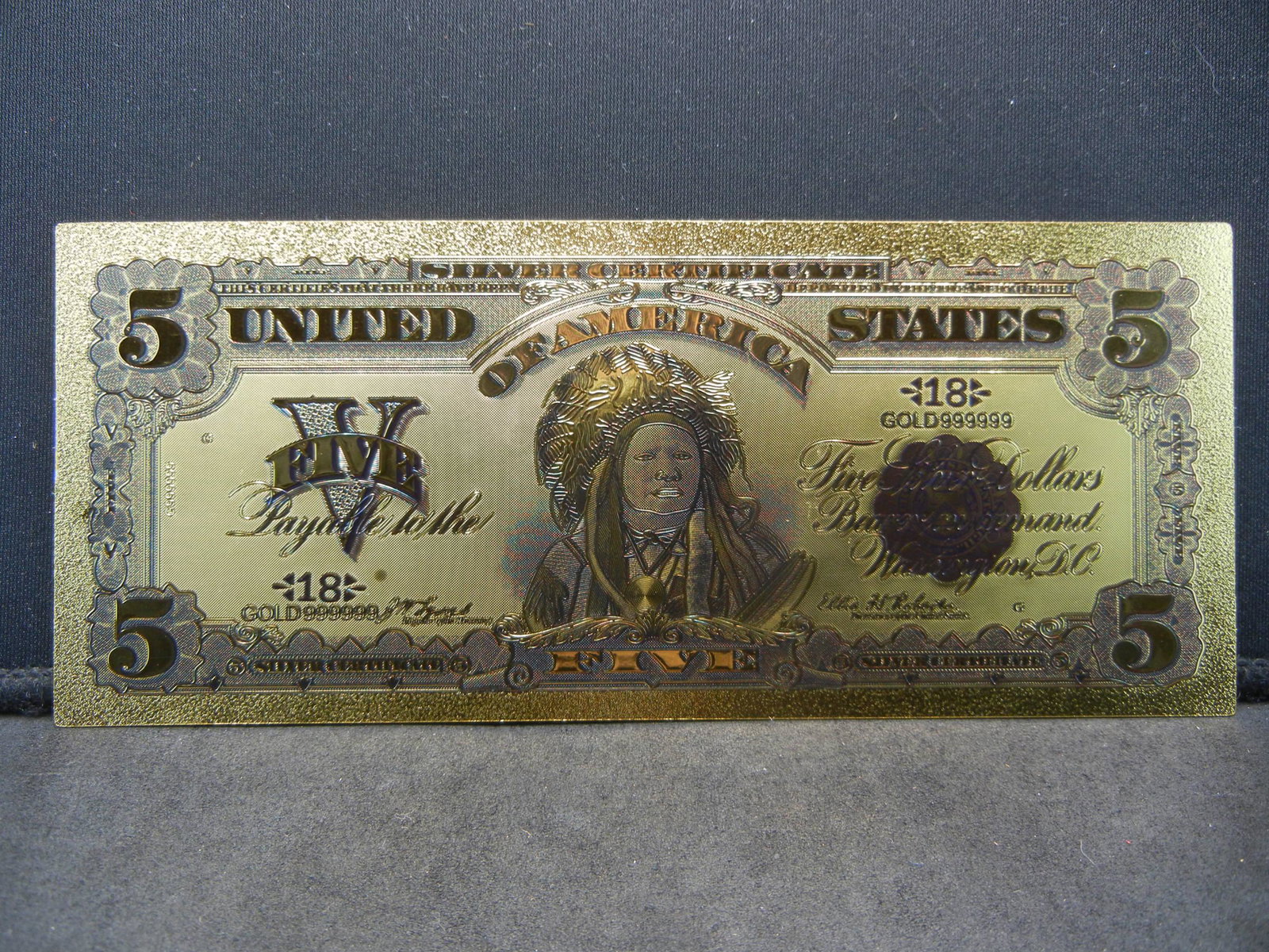 Five Dollar Indian Silver Certificate 24k Gold Foil