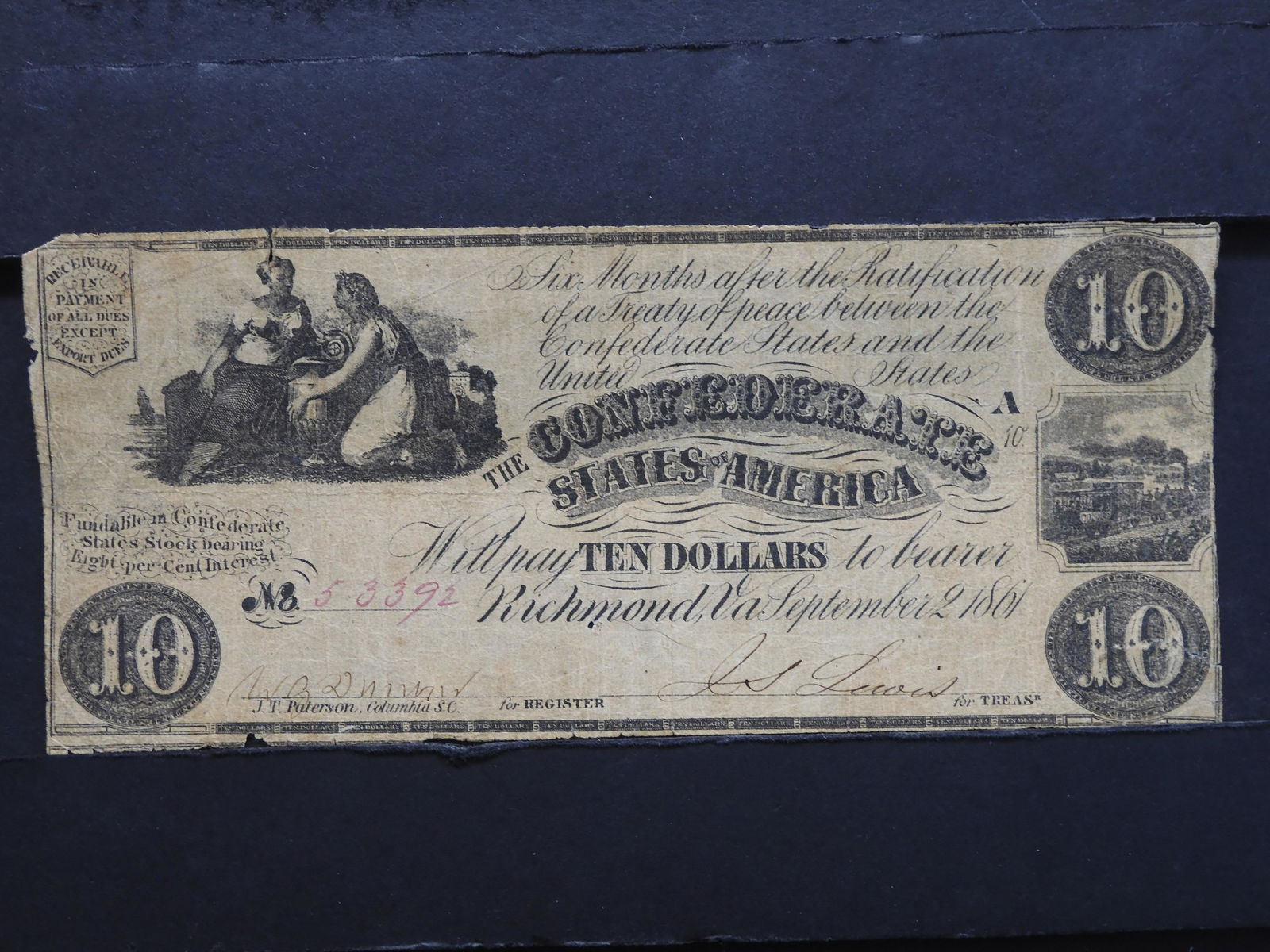 Rare 1861 $10 Confederate States Of America Note