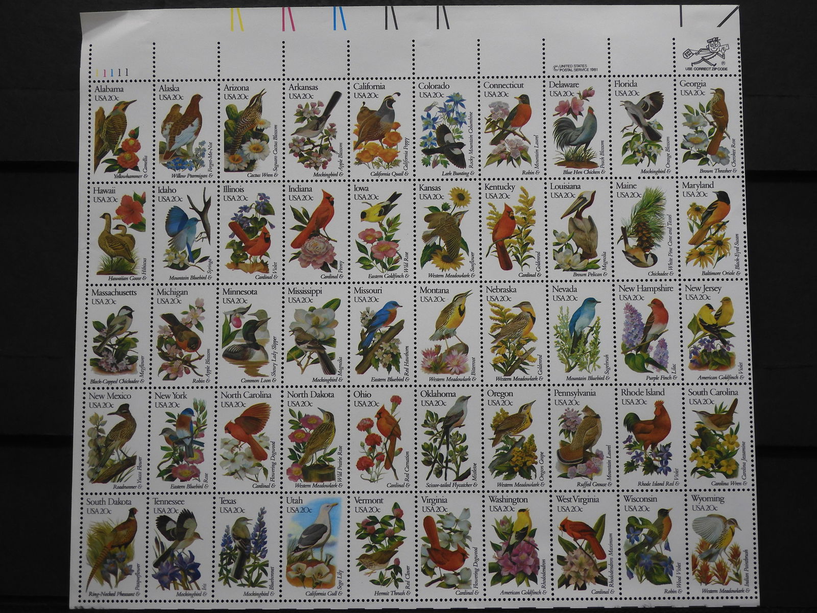 1981 Usps 50 States 20 Cent Stamp Sheet $10 Face