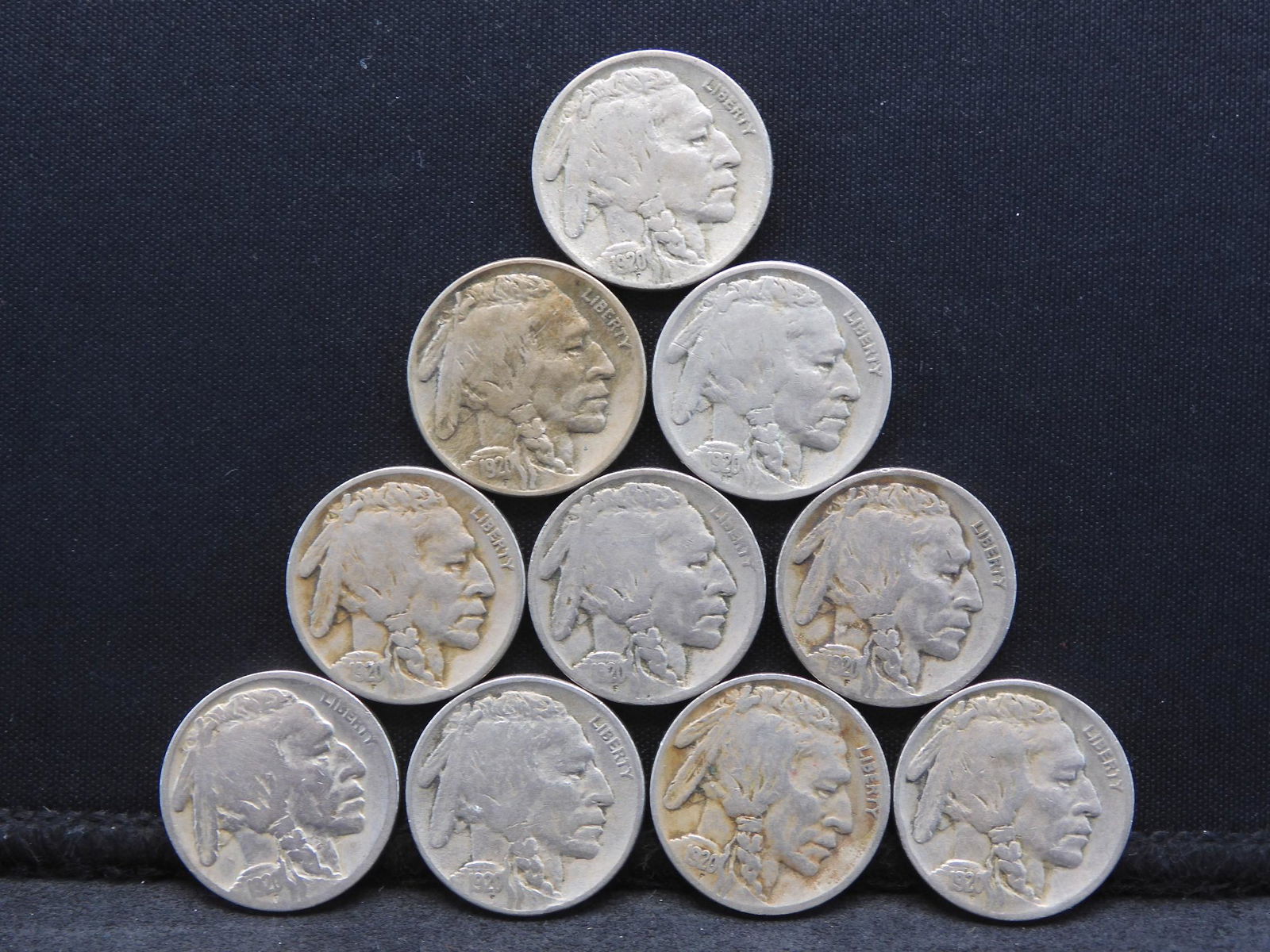 Ten 1920 Buffalo Nickels. Full Readable Dates.