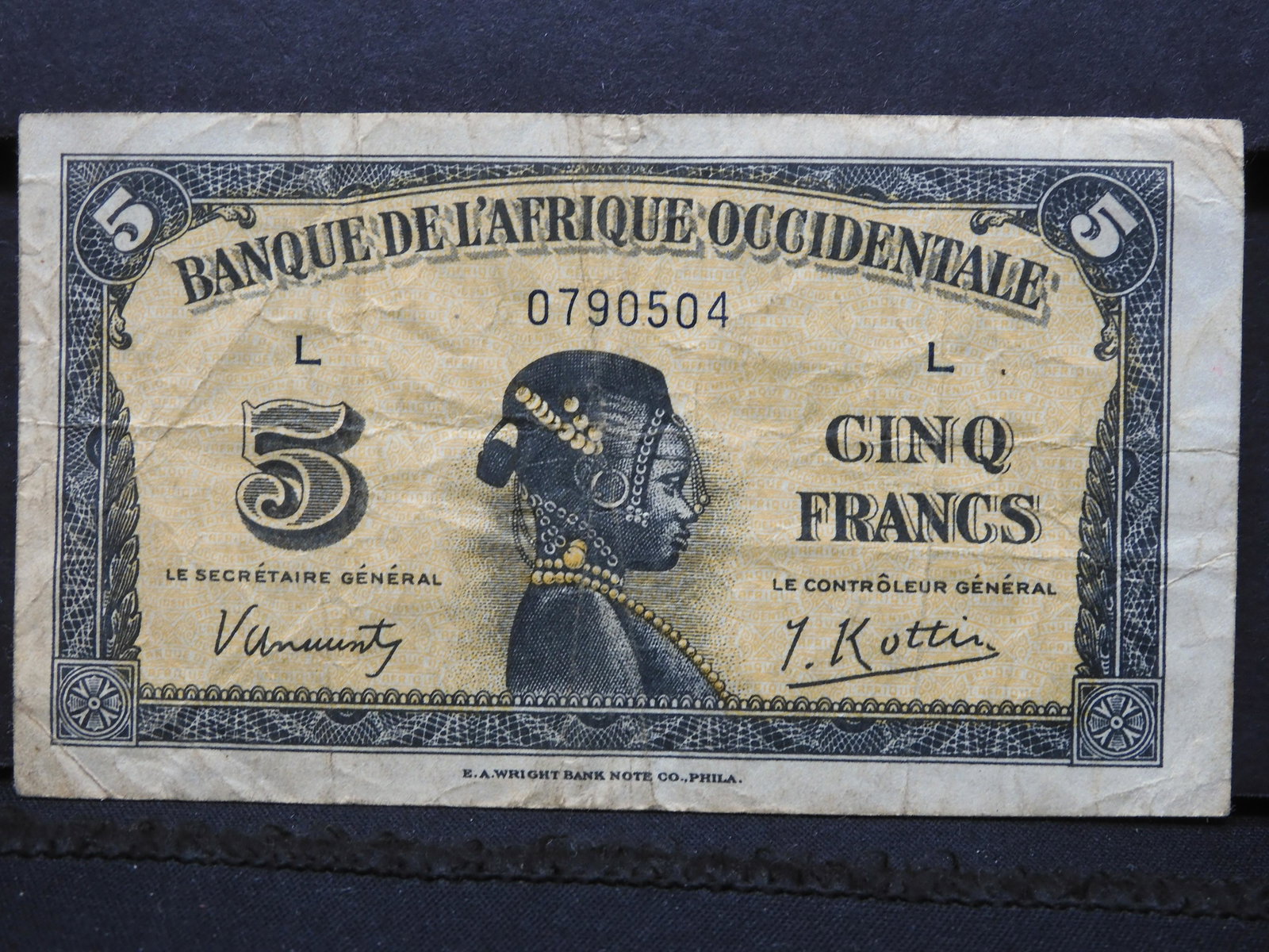1942 French West Africa 5 Francs. Rare Note.