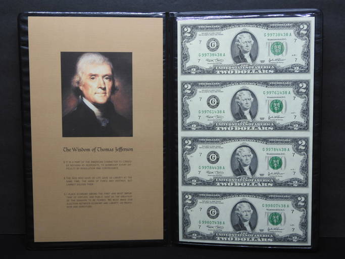 Uncut Sheet Of 4 2003 $2 Banknotes Uncirculated