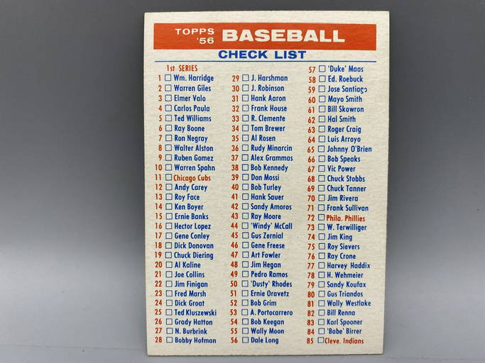1956 Topps Baseball Checklist 1st/3rd Series
