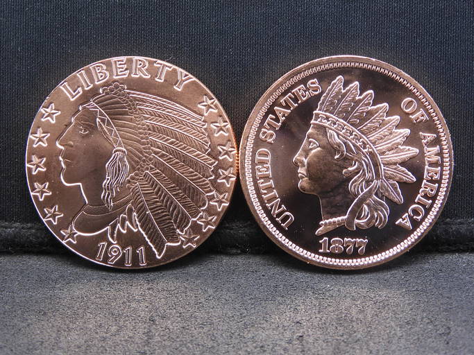 1877 Indian And Indian Gold One Ounce Copper Rounds. Proof Like.