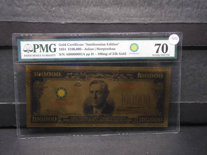 1934 $100,000 Gold Certificate. "smithsonian Edition". Pmg 70.