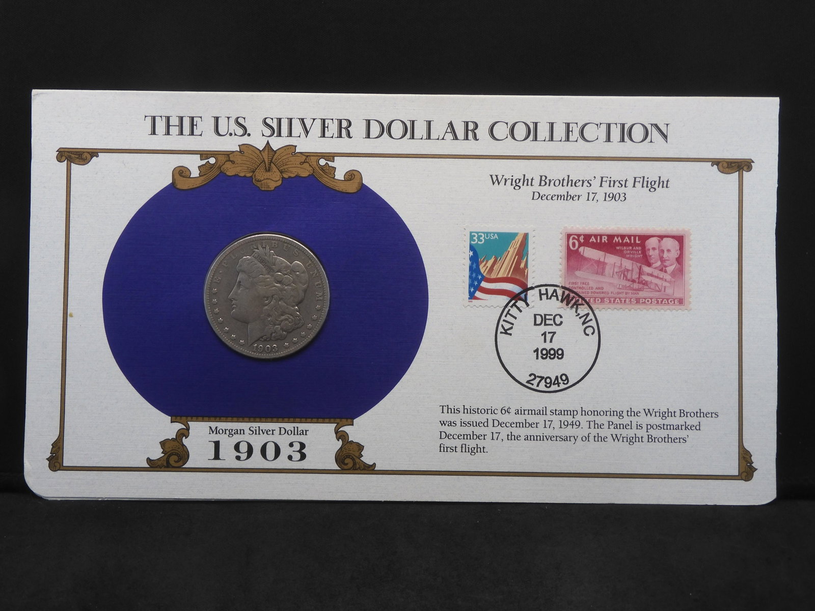 1903 Silver Dollar Collection Display Card With Coin And Stamps