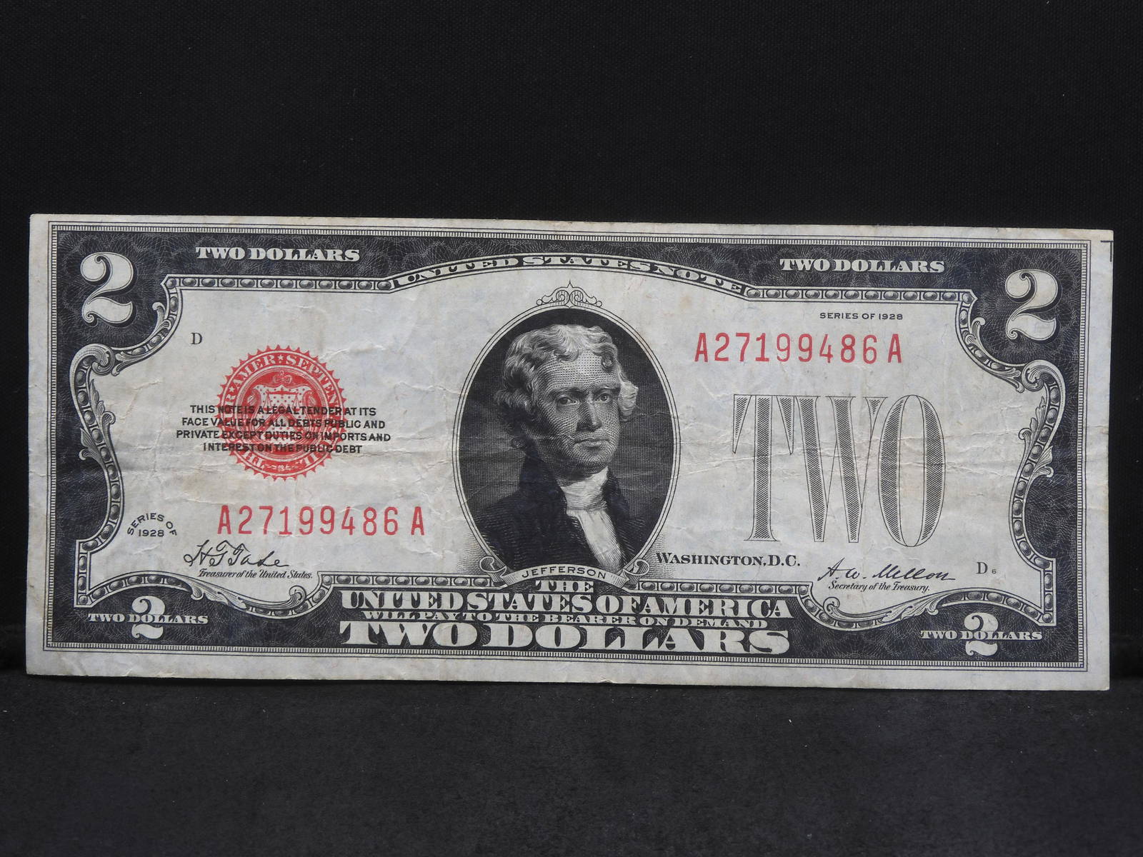 1928 $2 Red Seal Note. Vf Scarce With Wholesale At $28 Auction