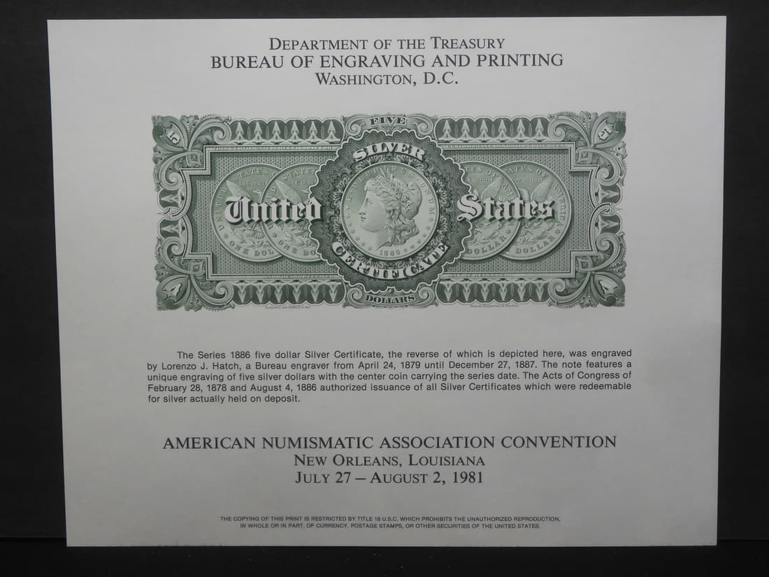 Dept. Of Treasury Bureau Of Engraving & Printing Ana 1981 Series 1886 ...