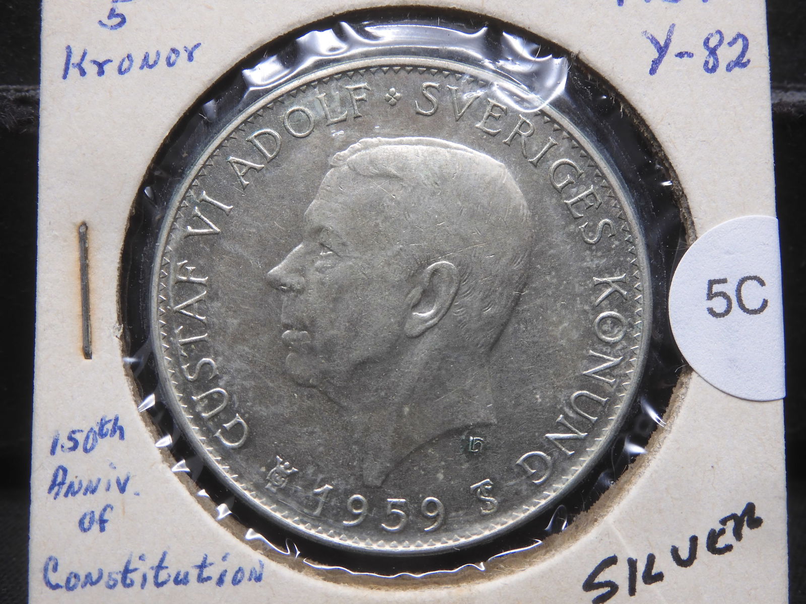 1959 Sweden Silver 5 Kronor. 150th Anniv. Of Constitution. Auction