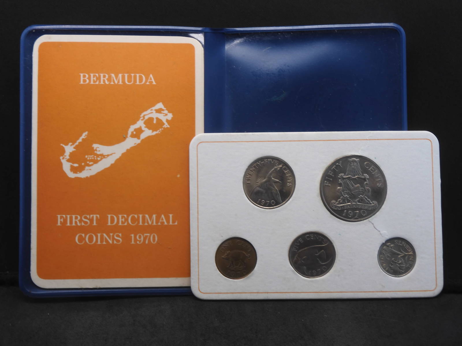 1970 Bermuda First Decimal Coin Set In Special Folder; 50 Cents, 25, 10, 5, And 1. Bu Auction