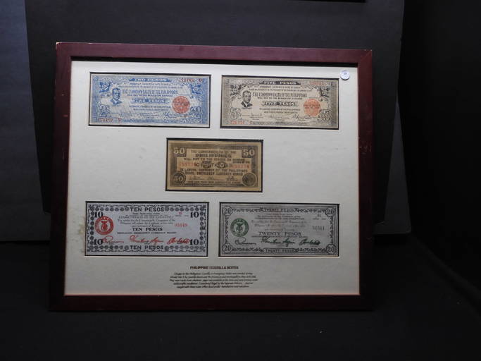 5 Philippine Guerrilla Notes In Nice Frame. 50 Centavos, 2 Pesos. 5 ...