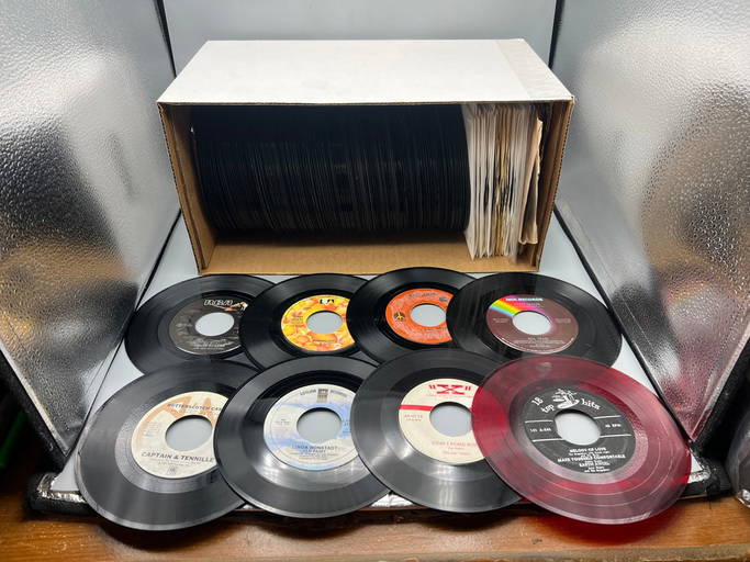 Box Of Many Assorted .45 Records W/ Sleeves & Some Without Sleeves ...