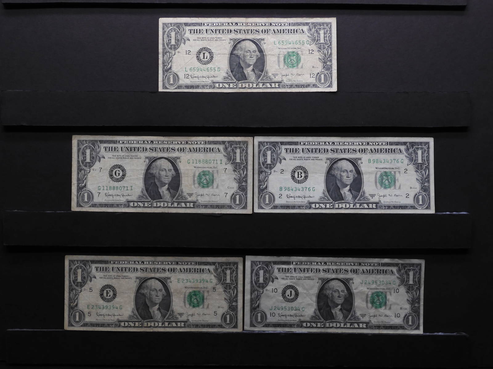 5 - Joseph W. Barr 1963 -b $1.00 Notes - All Different Federal Reserve ...