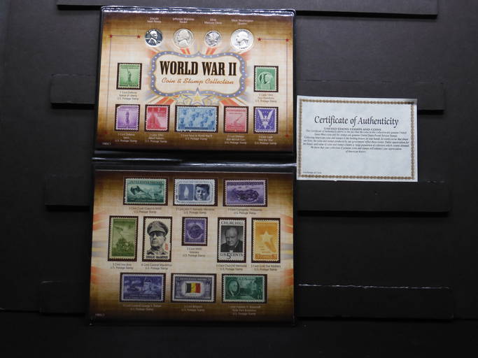 World War Ii Coin & Stamp Collection Beautiful Display 4 Coins & 18 Stamps