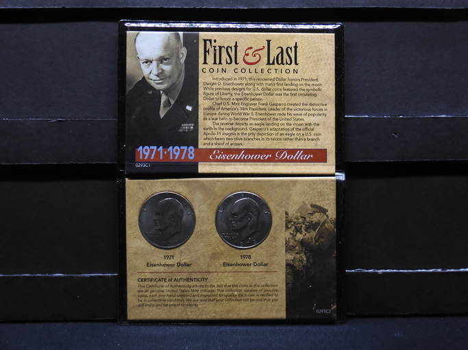First & Last Coin Collection Eisenhower Dollars 2 Coins W/ History