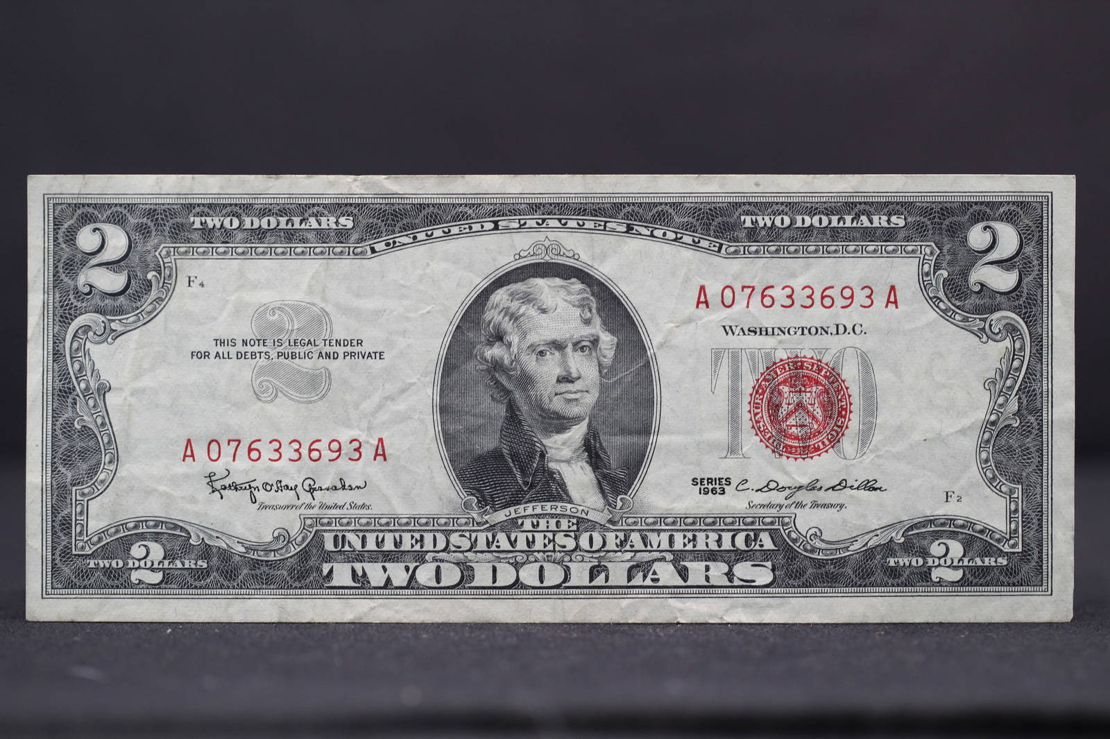 1963, Lower Serial Number, Red, Bookends, $2 Bill, 60 Years Old! Auction