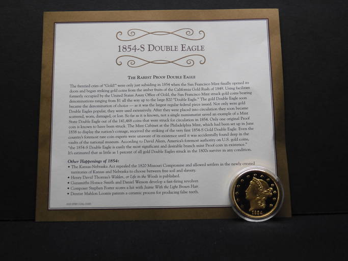 1854 S Rare Proof Double Eagle Reproduction Coin With Certificate Of ...