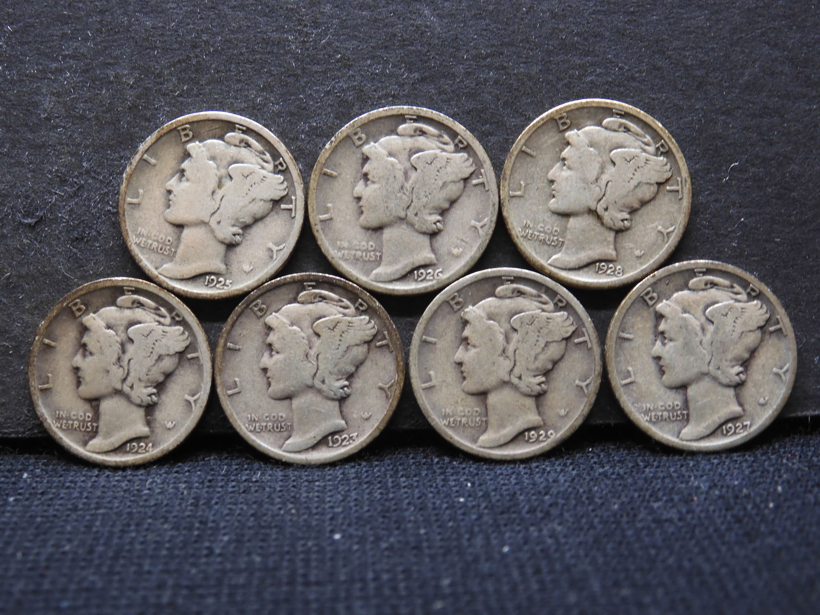 1923 1924 1925 1926 1927 1928 1929 Mercury Head Dimes. 7 Coins. Auction