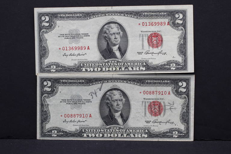 2 1953 Red Seal $2 Star Notes Lower S.n.