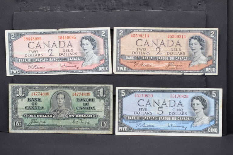 4 Old Canada Banknotes. $10 Face Value. Circulated.