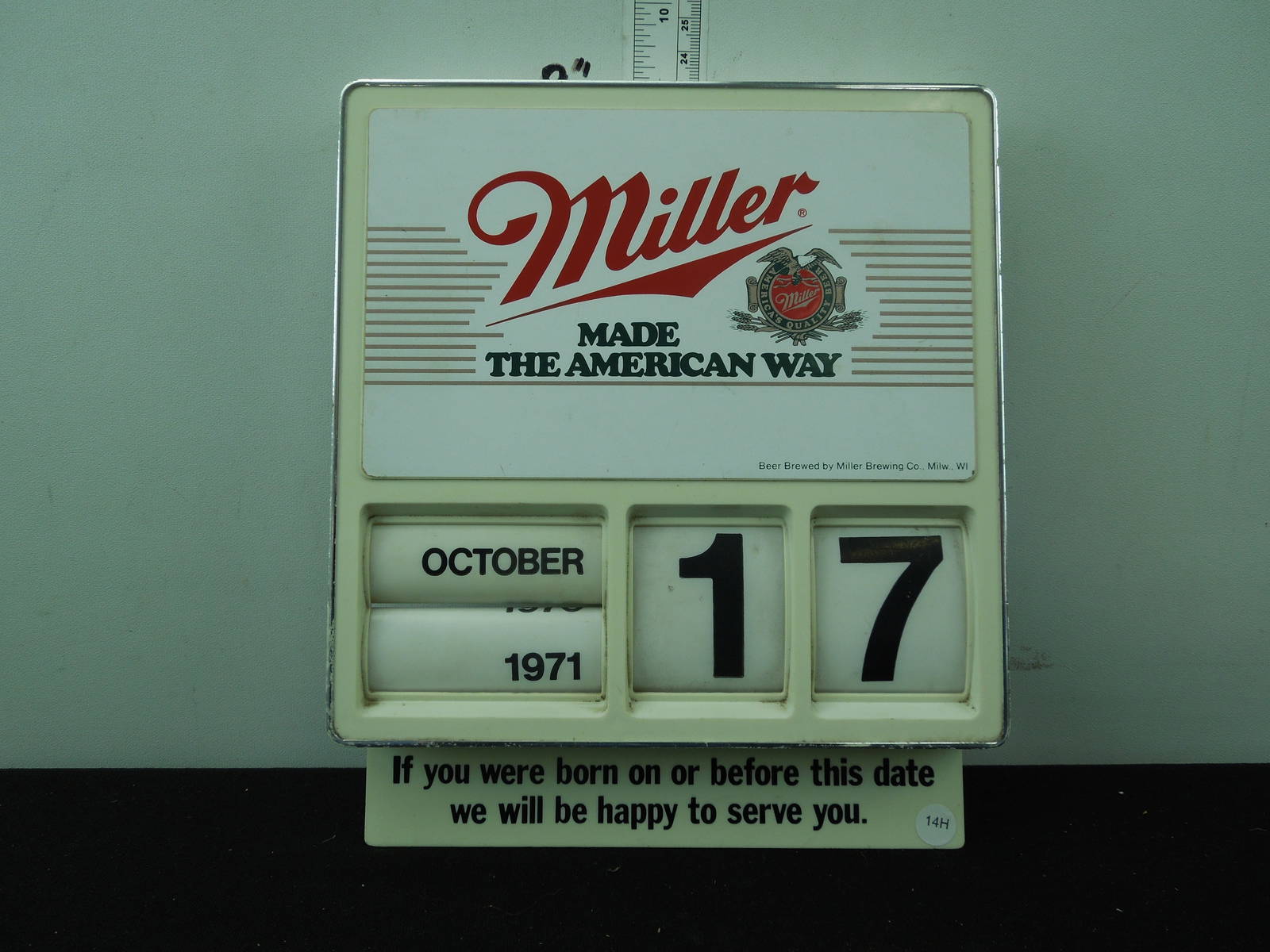 Miller Legal Age Sign With Rolling Dates. Auction