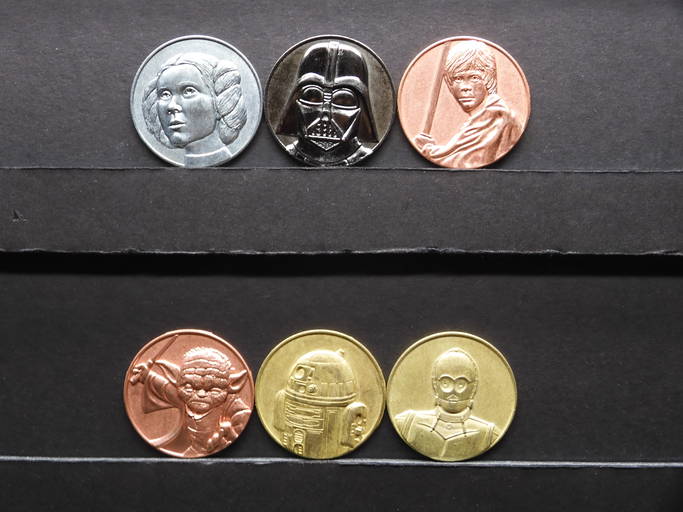 Set Of 6 Star Wars Tokens. Trademarked Lucas Film. Yoda, Vader