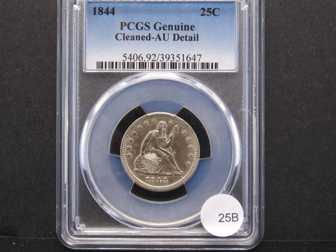 1844 Seated Liberty Quarter, Pcgs Au Detail, Cleaned Auction