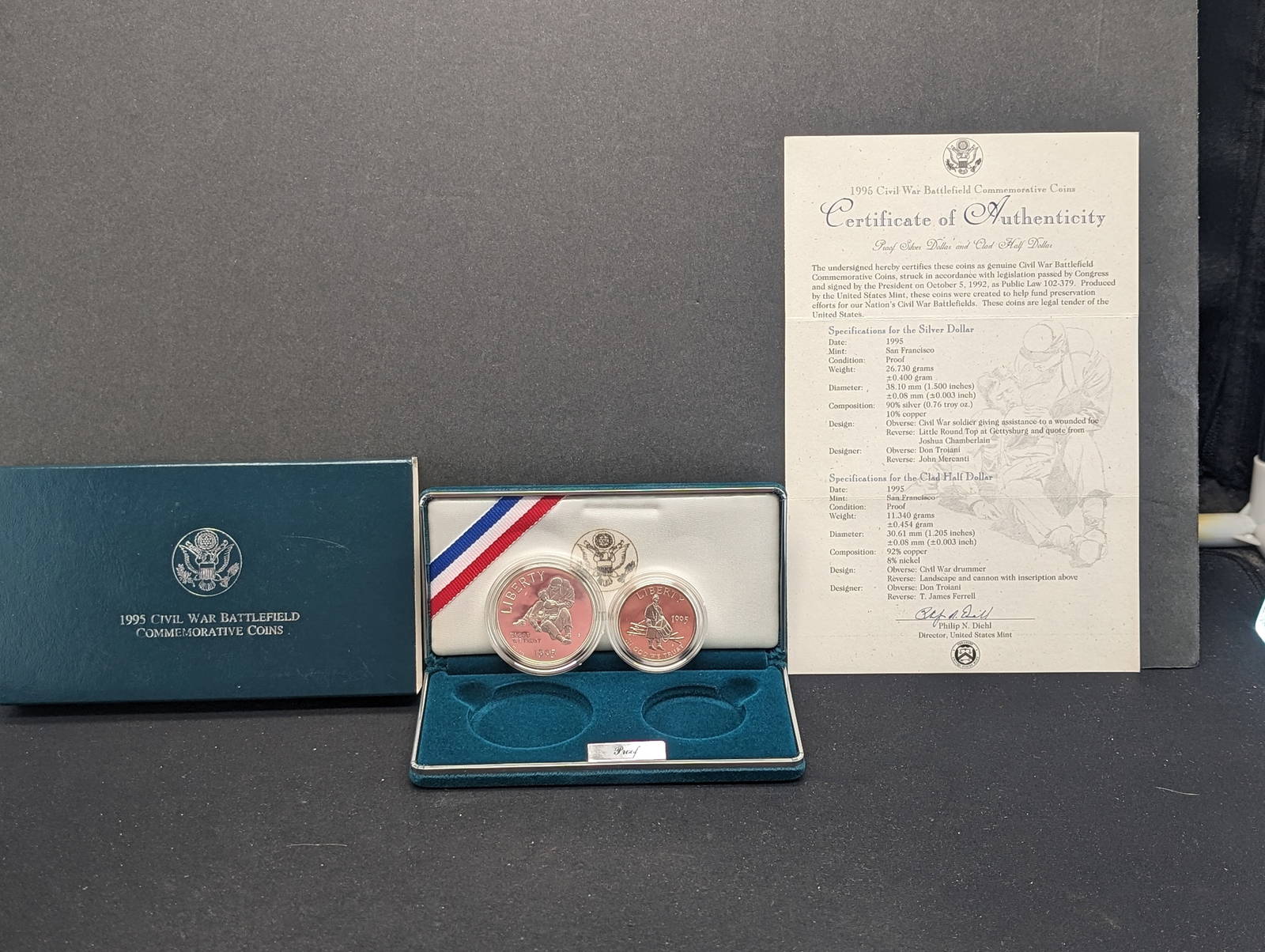 1995-s Proof Civil War Battlefield Commem 2-coin Set In Ogp W/ Coa Auction