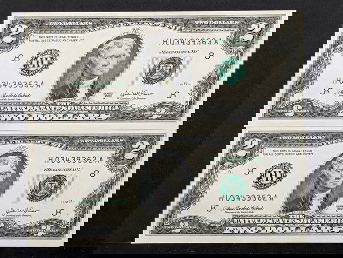 (2) 2003 A Series $2 Bank Note Consecutive Serial #'s