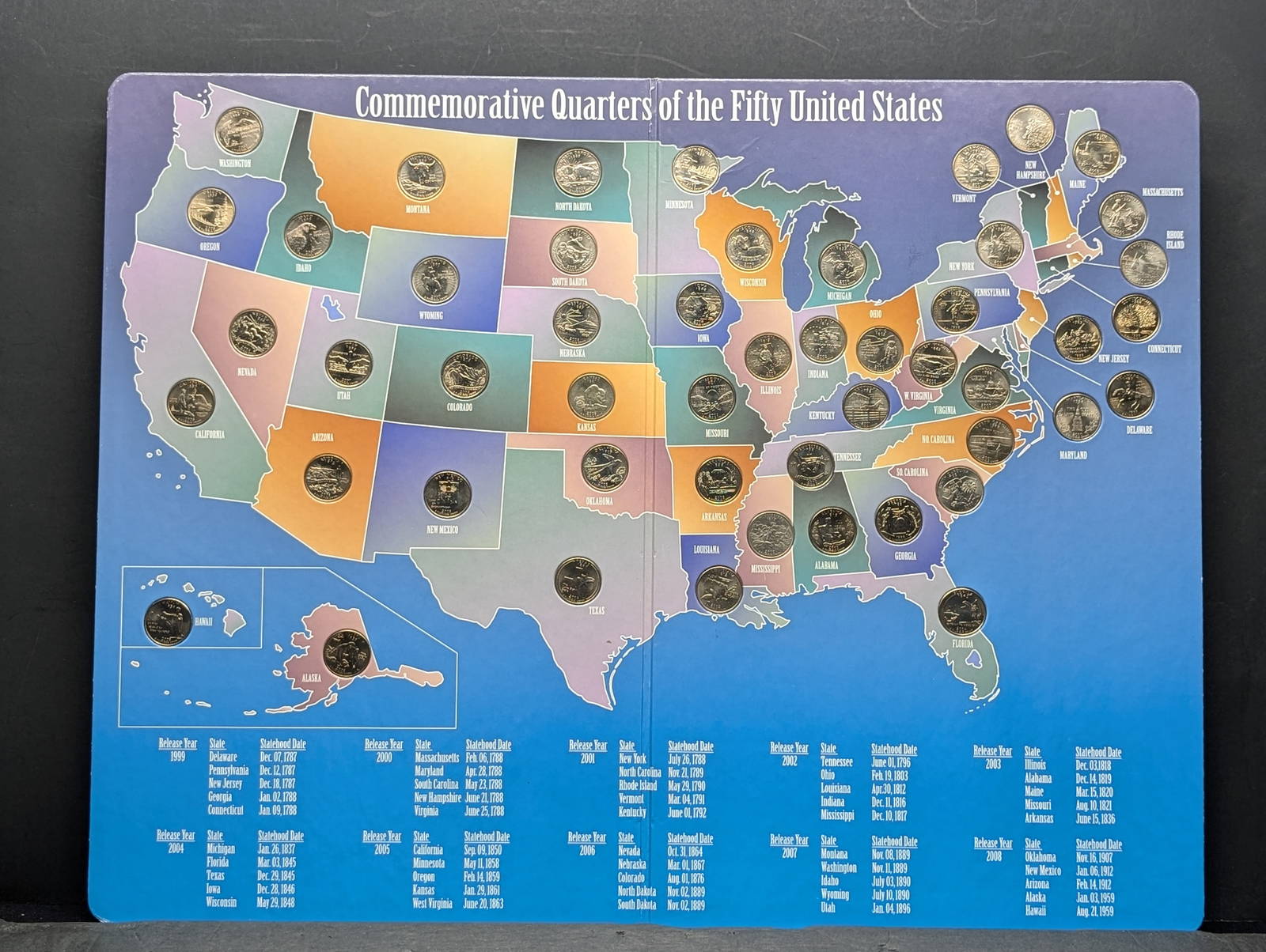 Commemorative Quarters Of The Fifty States Collection Map W/all 50 ...