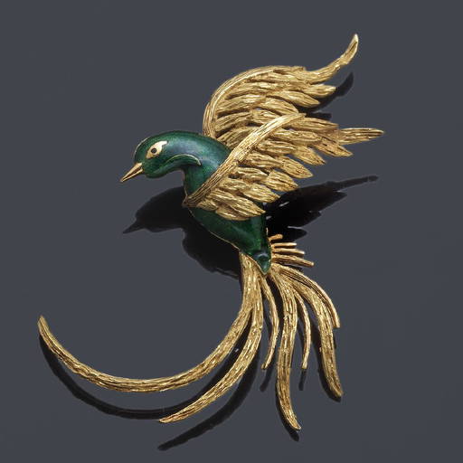Bird Shaped Brooch In 18k Yellow Gold With Enamel.