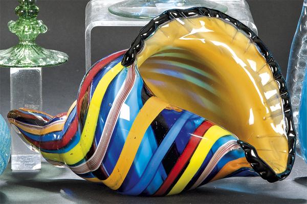 Multicolored Bent Murano Glass Shell Based On Stripes.