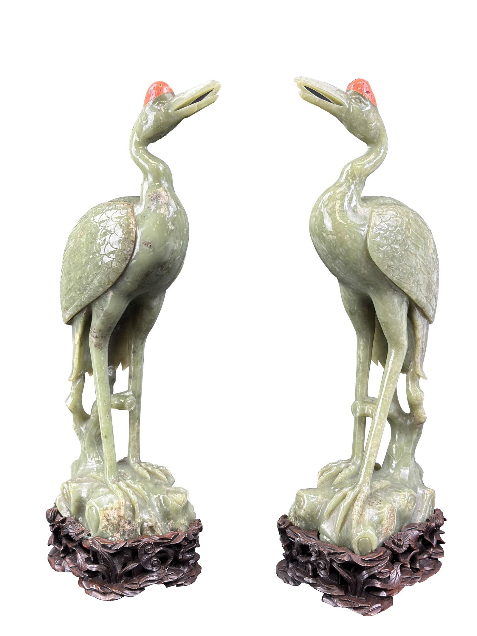 Pair Of Chinese Spinach Jade Carved Cranes, Qing D Auction