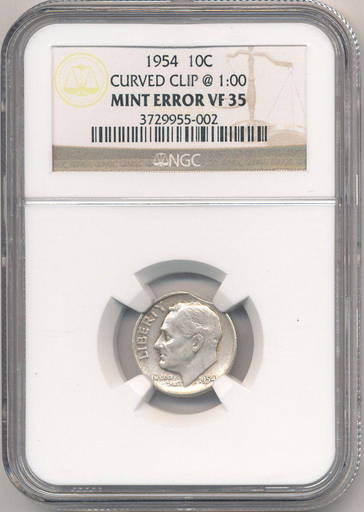 Mint Error 1954 10c. Curved Clip @ 1:00 Vf35