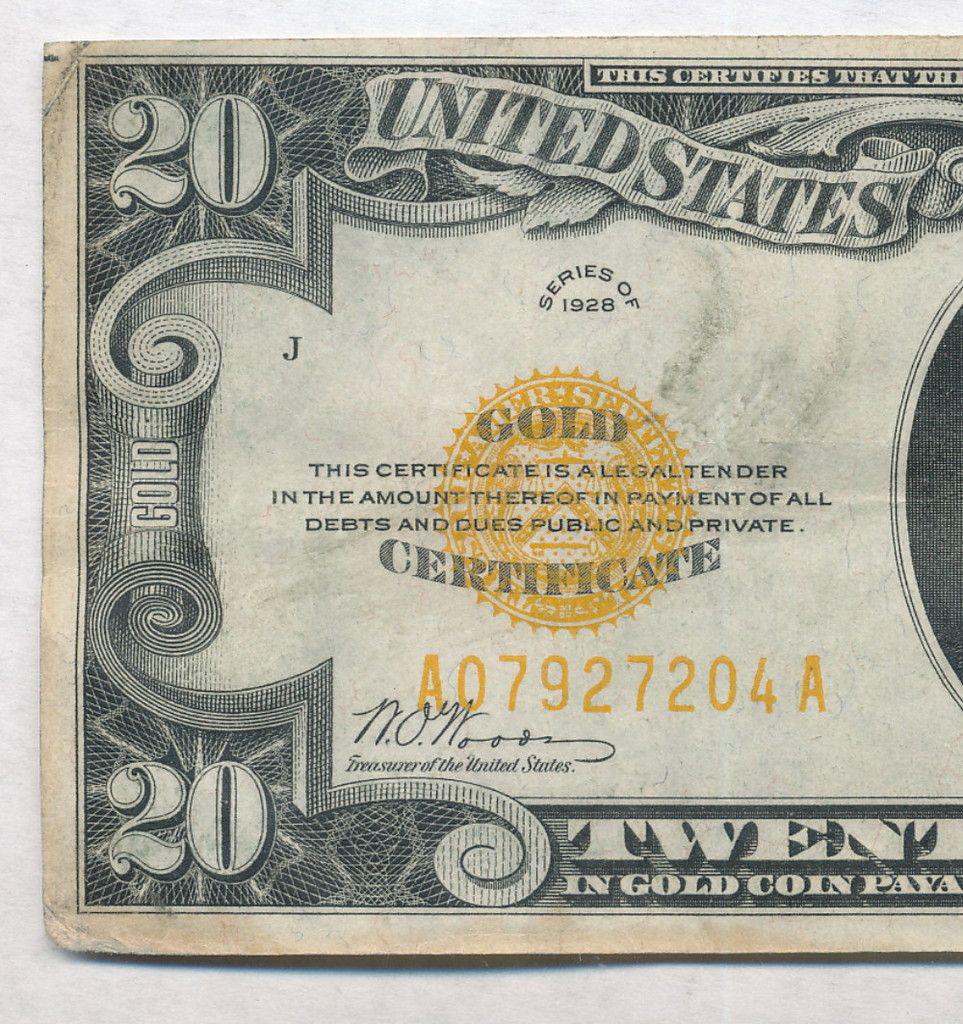 1928 United States Gold Certificate $20 Note Vg /f