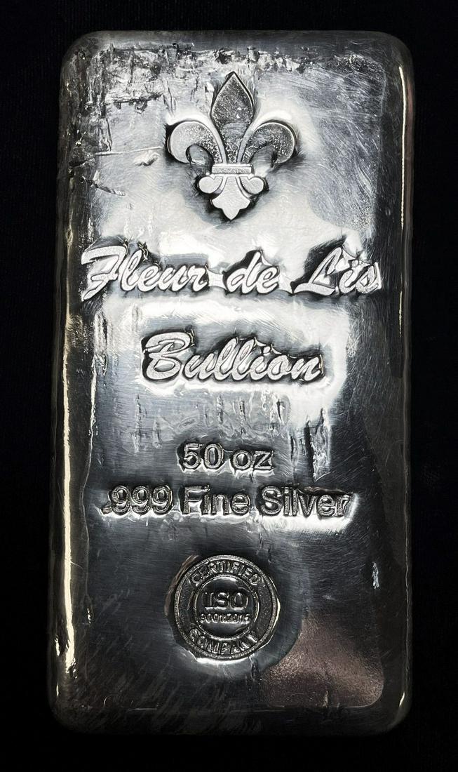 (1) 50 Oz .999 Fine Silver Fleur De Lis Bullion Bar