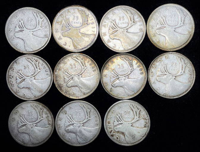 (11 Coins) Canadian Silver Quarters (1937 1946)