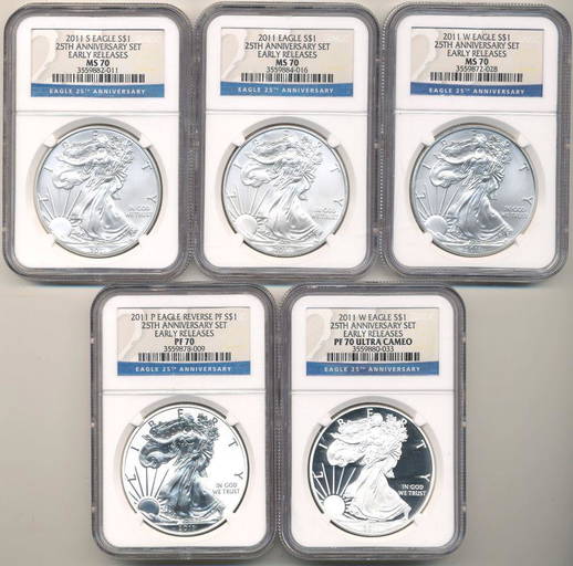2011 American Silver Eagle Ms70/pf70 Set (5 Coins)