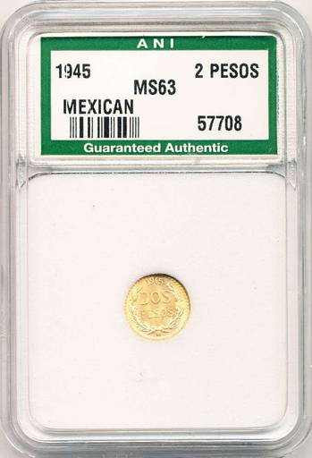 1945 Mexican Gold 2 Pesos .0482 Agw Ms63