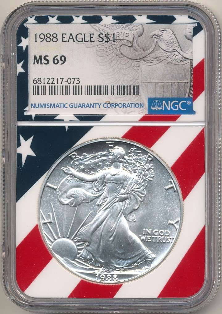 1988 American Silver Eagle Ngc Ms69 Red, White & Blue Label Auction