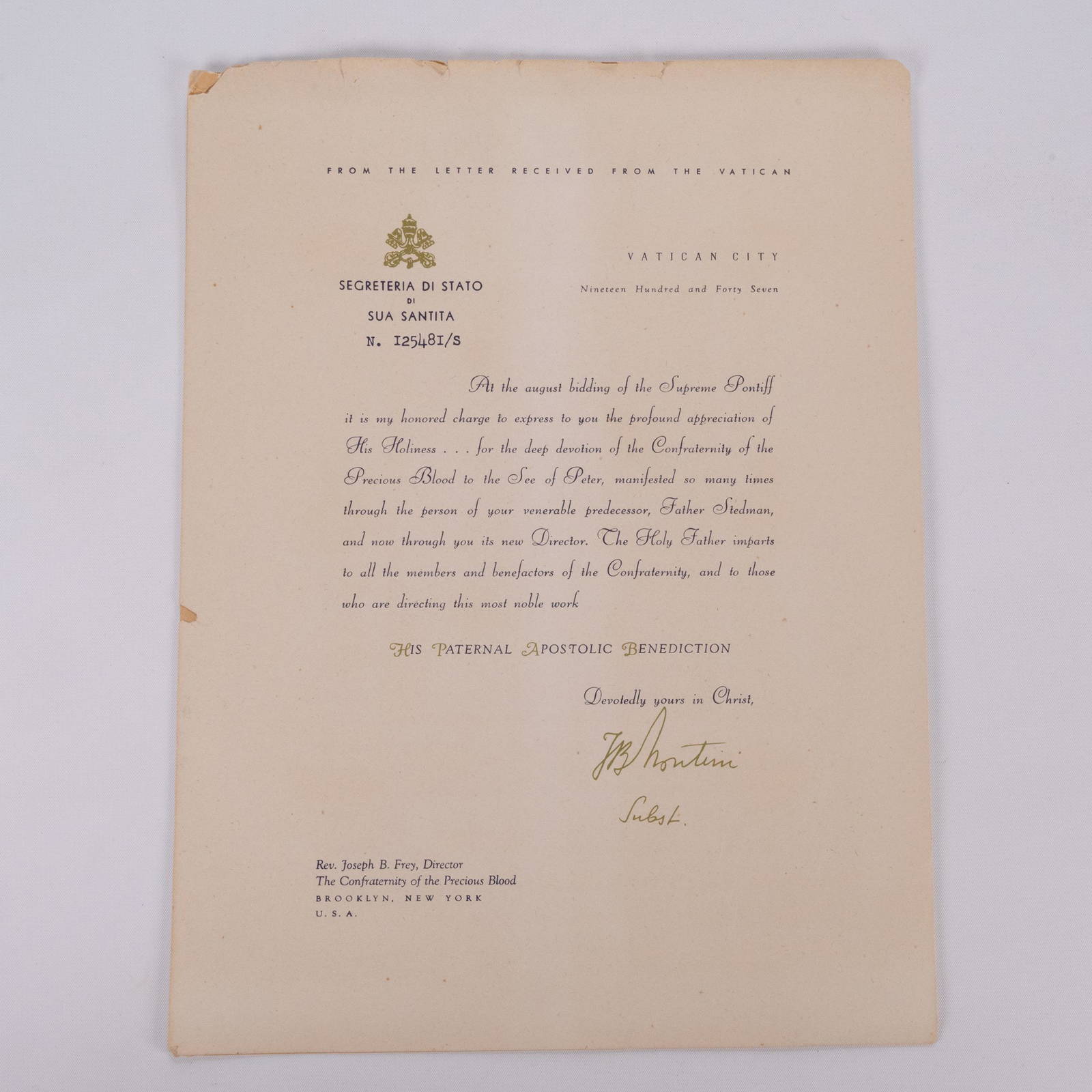 1947 Vatican Letter Pope Pius Xii Auction