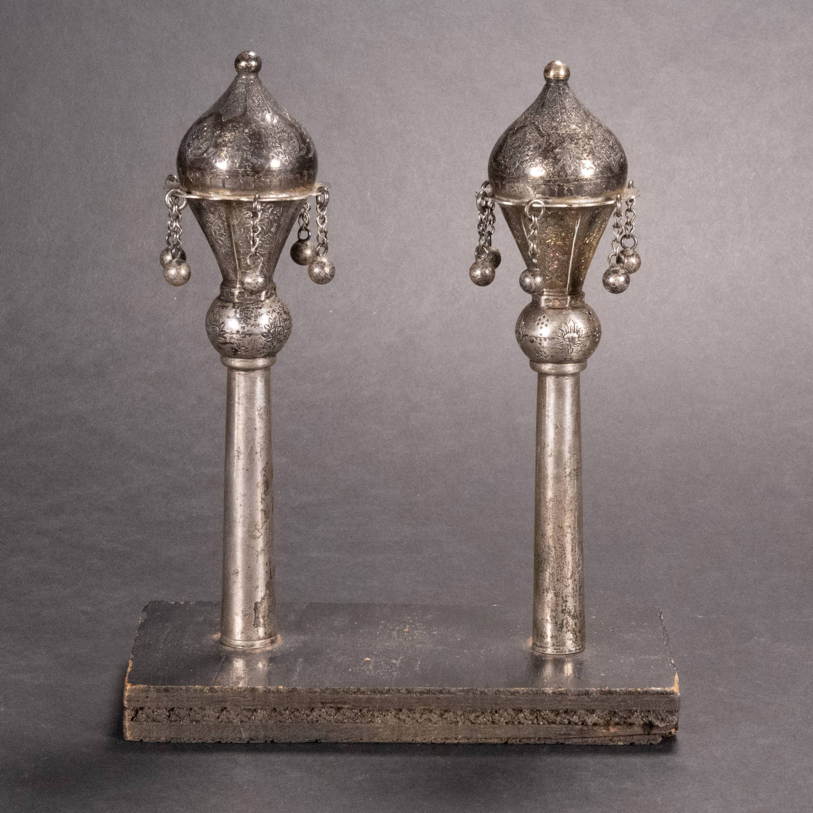 Judaica Persian Silver Rimonin Torah Scroll Finial Pair Auction