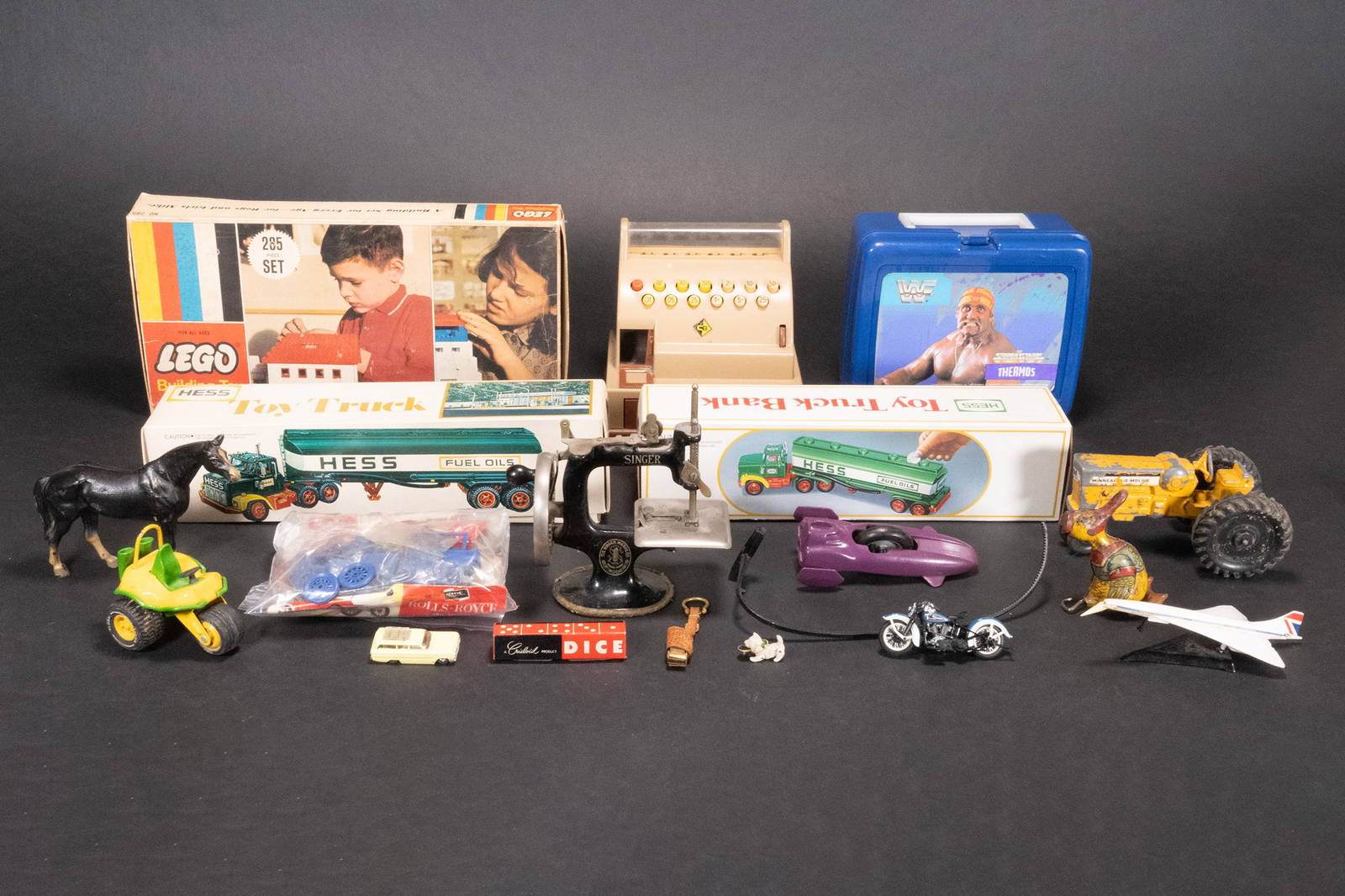 Antique Toy Lot Tin Animal Lego Singer Sewing Machine Hess Truck Etc ...