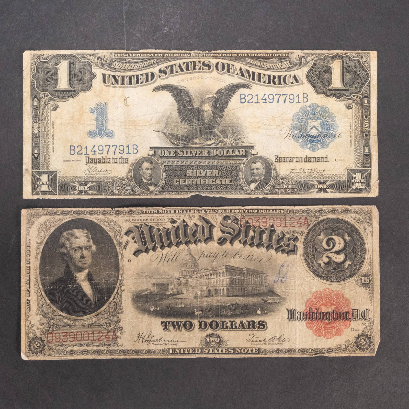 Us Currency 1899 $1 Silver Certificate & 1917 $2 Dollar Auction